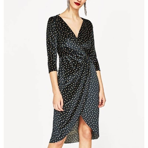 Zara | Dresses | Zara Green Polka Dot Velvet Twist Front Crossover ...